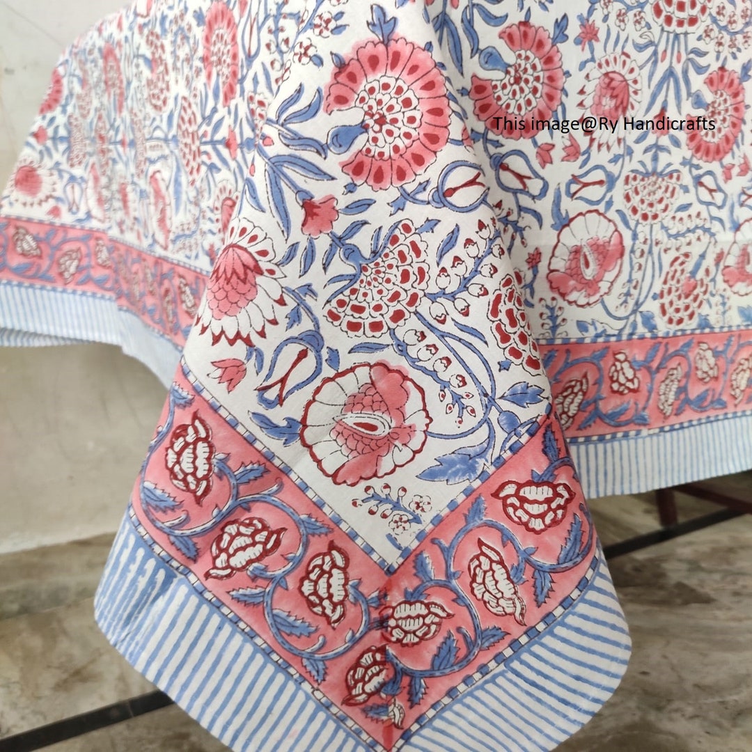 Pink Block Print Table Cloth Indian Floral Cotton Table Cover ...