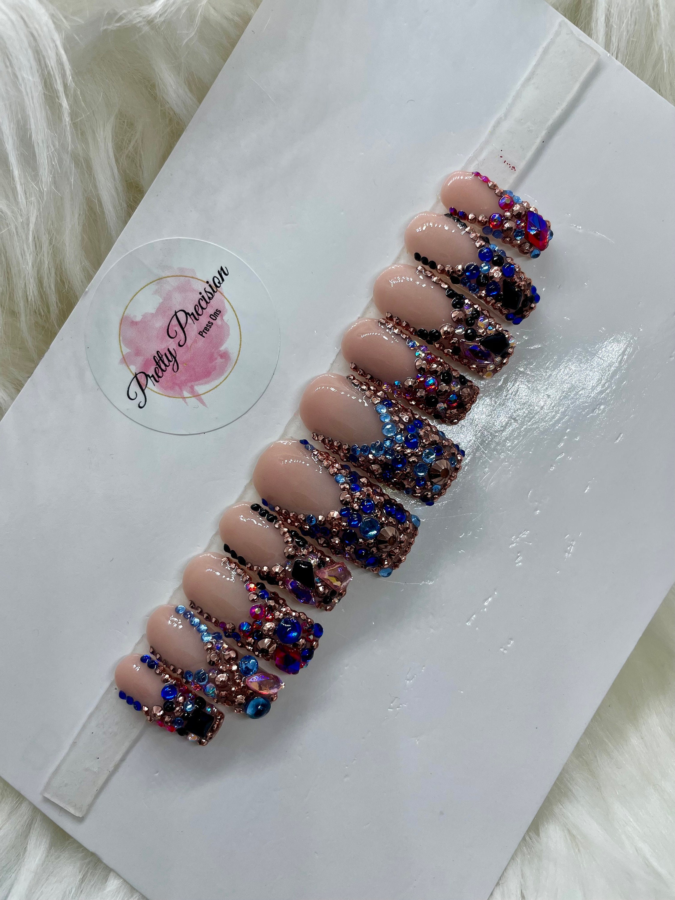 Full Bling French Tip Extreme Curve Press Ons Acrylic Press Ons Acrylic ...