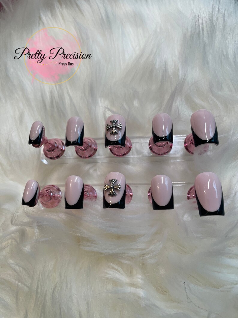 Black French Tip Press Ons Short Square Press Ons False Nails - Etsy
