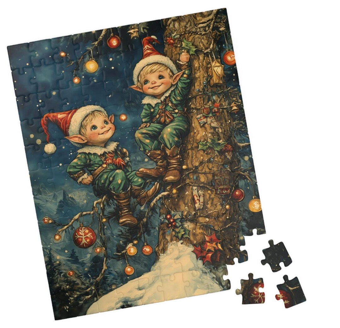 Retro 50's Style Christmas Elves Puzzle, Whimsical Ornaments and Lights ...