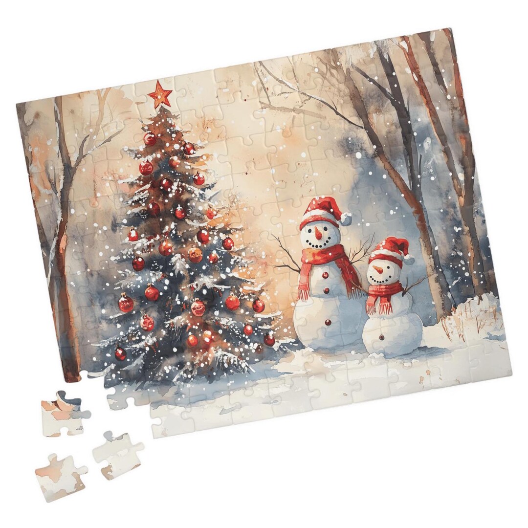 Watercolor Christmas Tree Snowman Jigsaw Puzzle: Holiday Family Fun - Etsy