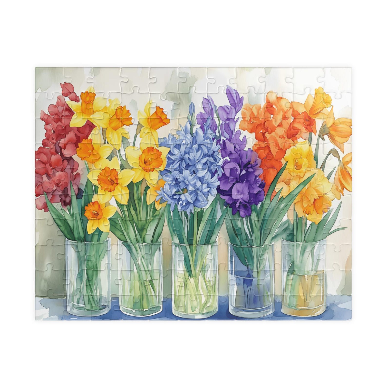 Watercolor Spring Flower Puzzle. Iris, Daffodils, Hyacinth Jigsaw. Gift ...