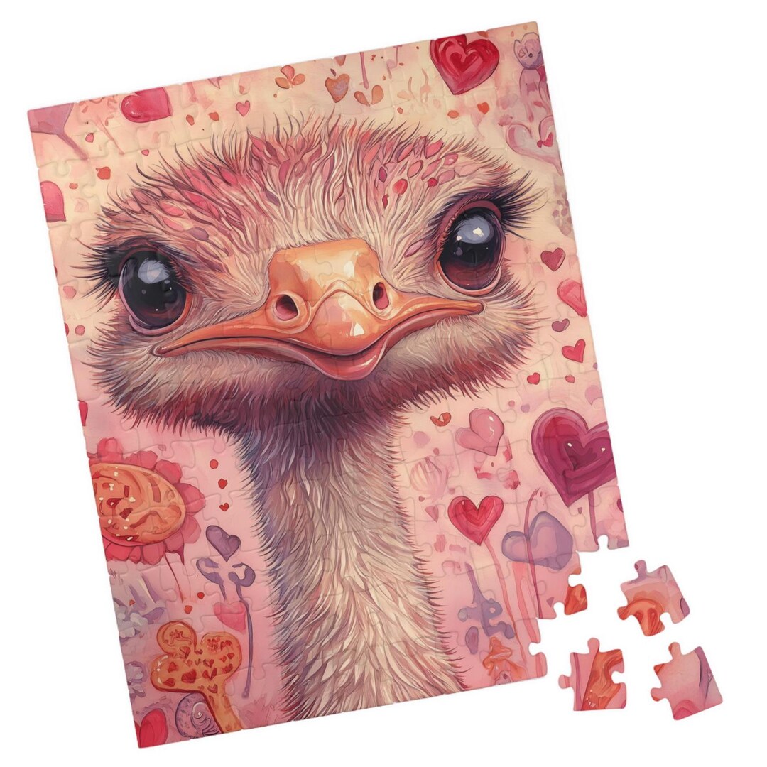 Pink Watercolor Ostrich With Hearts - Jigsaw Puzzle. Gift for ...