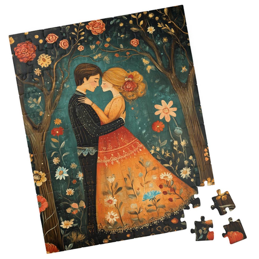 Couple in a Floral Forest - Romantic Folk Art Jigsaw Puzzle. Gift for ...