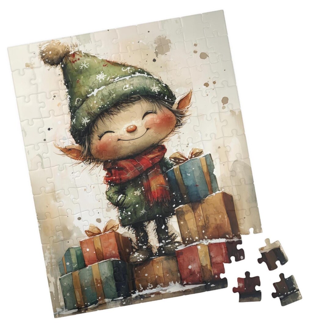 Christmas Elf Jigsaw Puzzle: Whimsical Watercolor Holiday Scene - Etsy