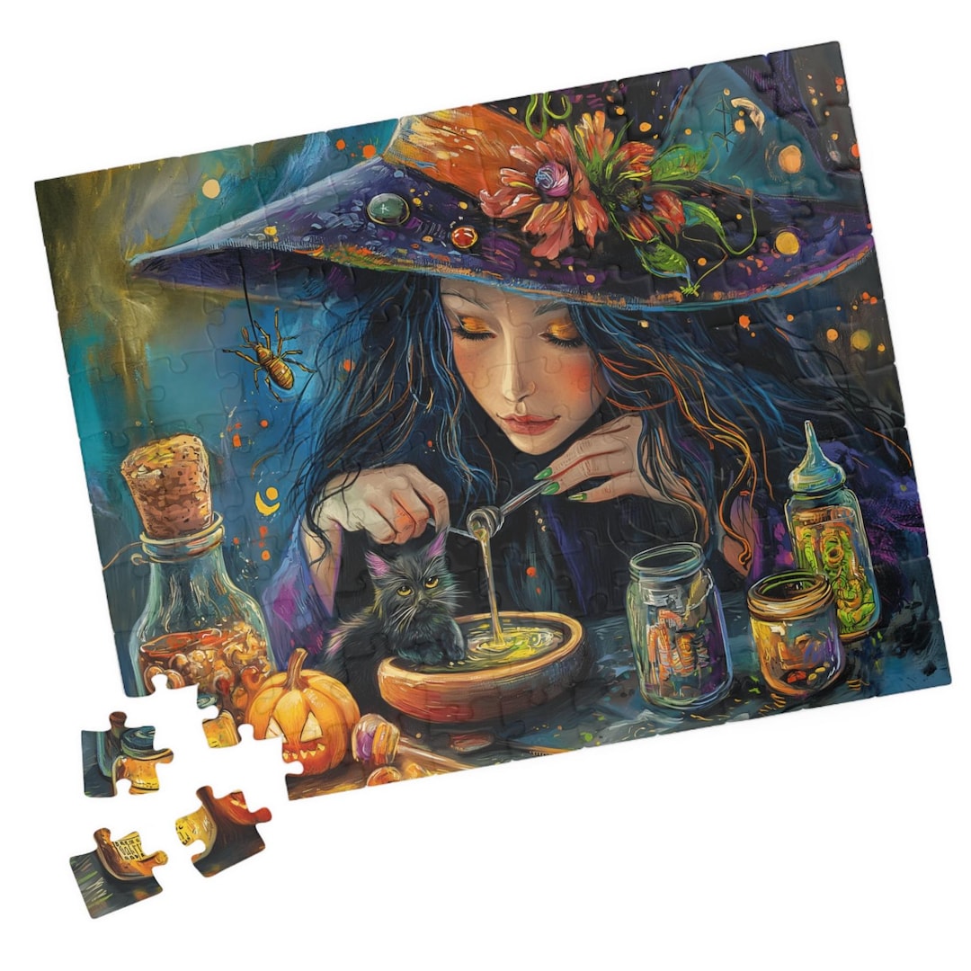 Pretty Witch Making Potions Puzzle. Halloween Illustration Jigsaw ...