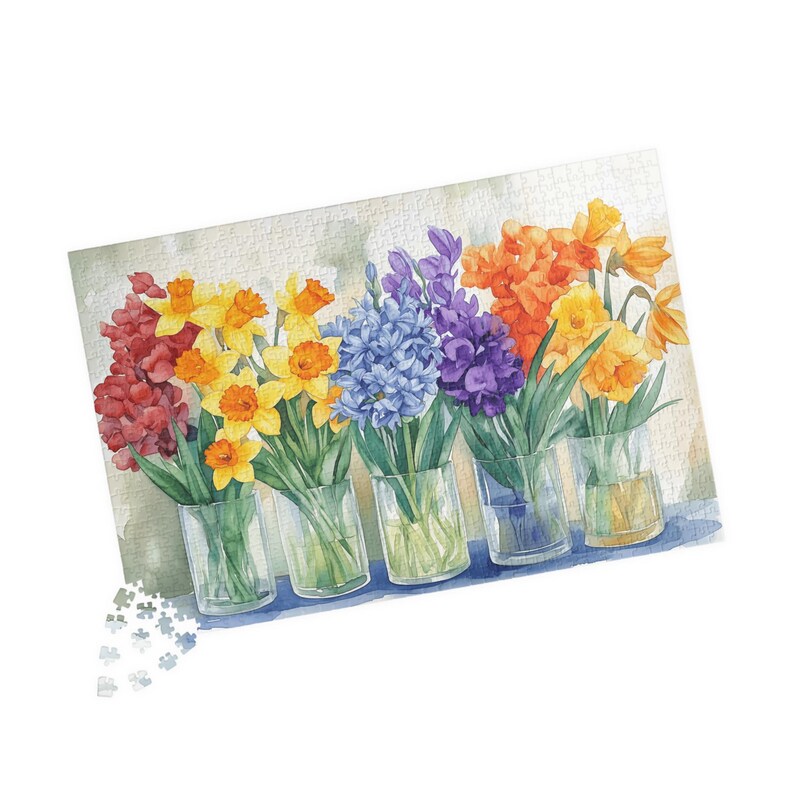 Watercolor Spring Flower Puzzle. Iris, Daffodils, Hyacinth Jigsaw. Gift ...