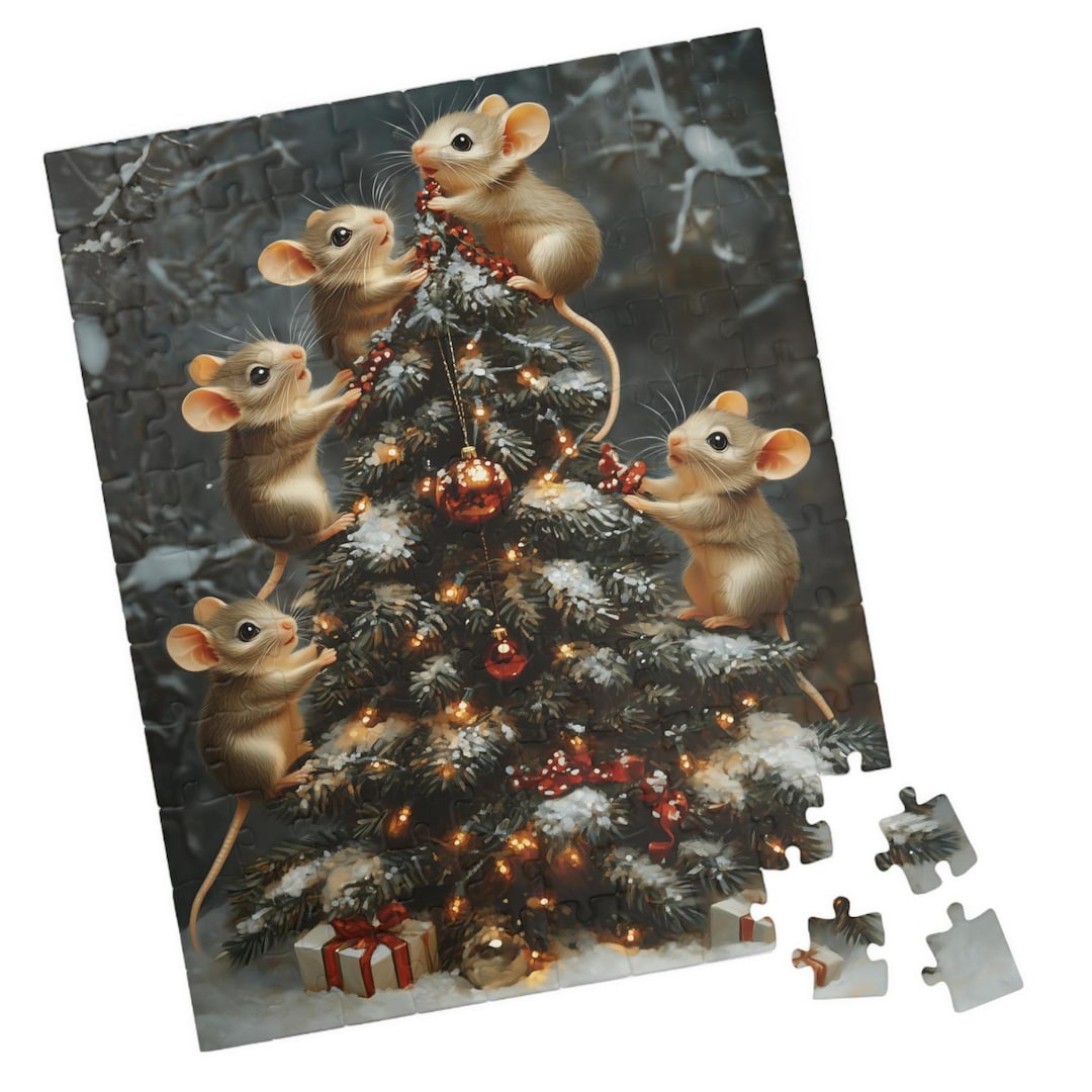 Cute Mice Decorating a Christmas Tree Jigsaw Puzzle. Gift for Holidays ...