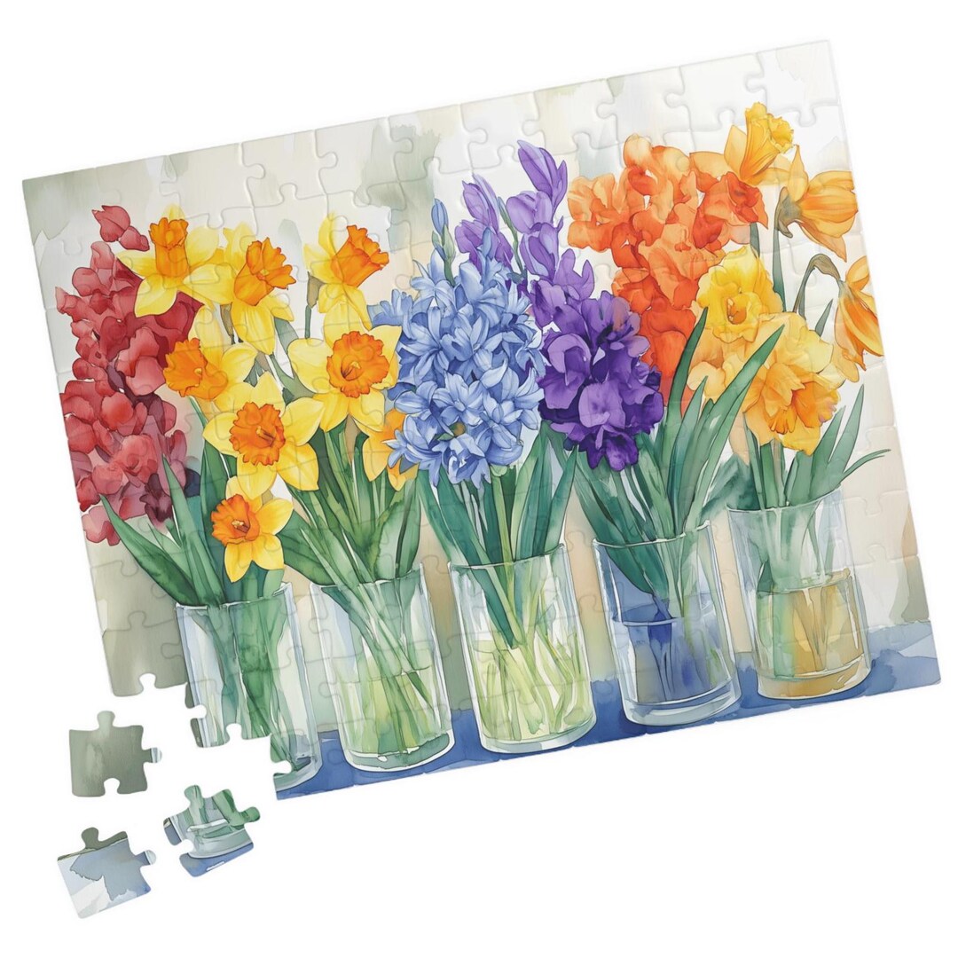 Watercolor Spring Flower Puzzle. Iris, Daffodils, Hyacinth Jigsaw. Gift ...