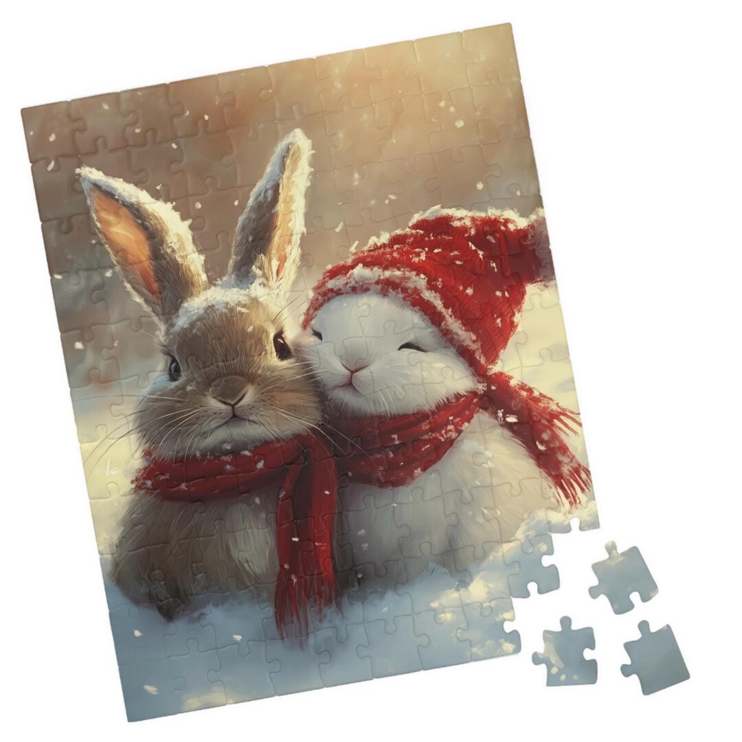Cozy Winter Bunnies Puzzle, Cute Snow Rabbit Couple in Red Scarves ...