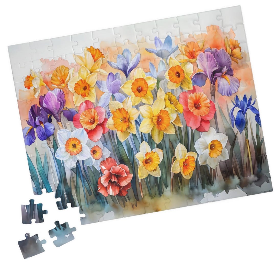 Watercolor Daffodil and Iris Jigsaw. Spring Flower Puzzle. Unique ...