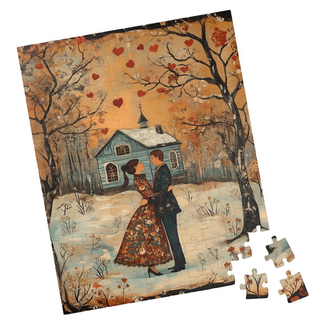 Folk Art Couple in Love - Romantic Jigsaw Puzzle. Gift for Anniversary ...