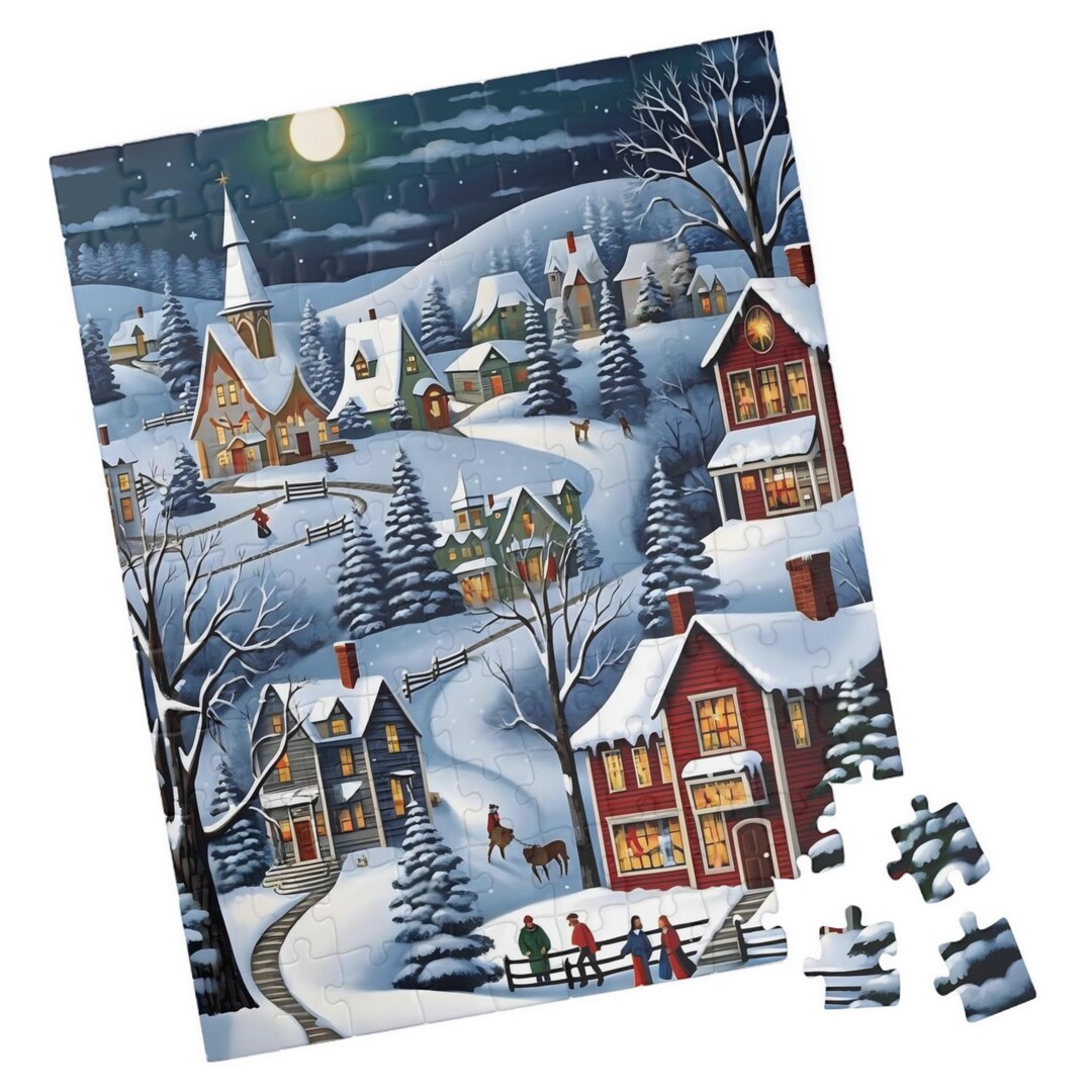 Winter Village Jigsaw Puzzle: Snowy Vintage Town Illustration - Etsy