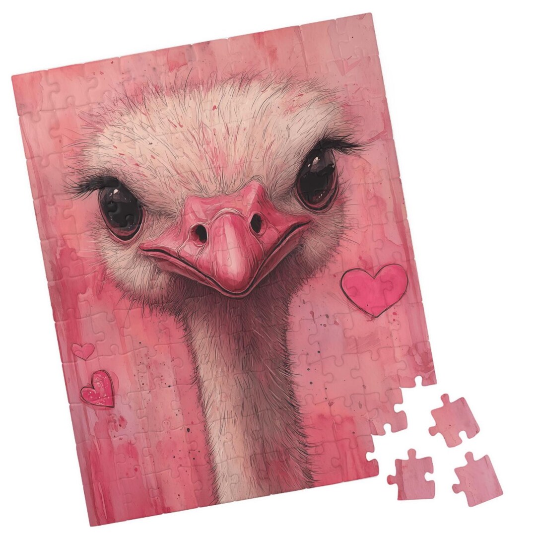 Pink Ostrich With Hearts - Watercolor Jigsaw Puzzle. Gift for ...