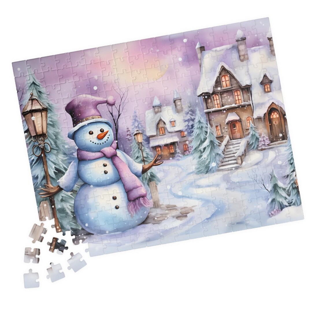 Pastel Snowman - Purple and Pink Winter Countryside Watercolor Jigsaw ...
