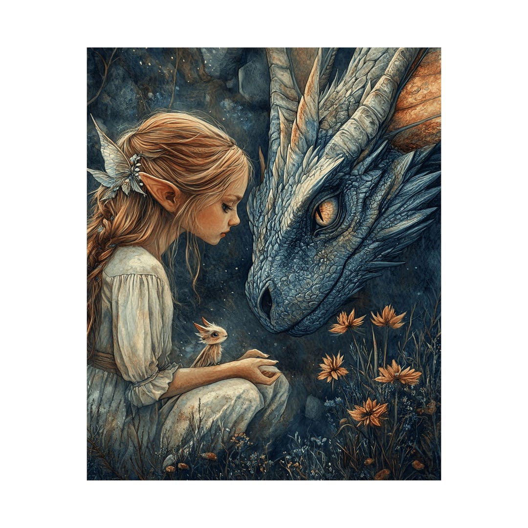 Little Elf and Blue Dragon Art Print: Whimsical Fantasy Illustration - Etsy