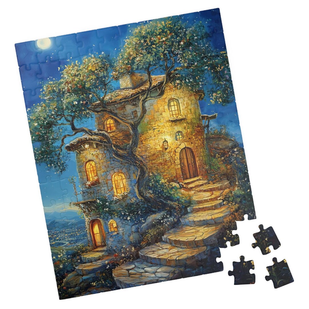 Stone Villa on a Hill in the Moonlite Overlooking a Village Jigsaw ...