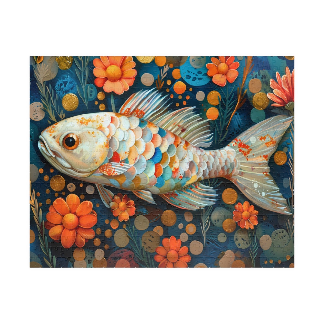Whimsical Koi Puzzle. Colorful Fantasy Fish Jigsaw. Unique and Fun Tech ...