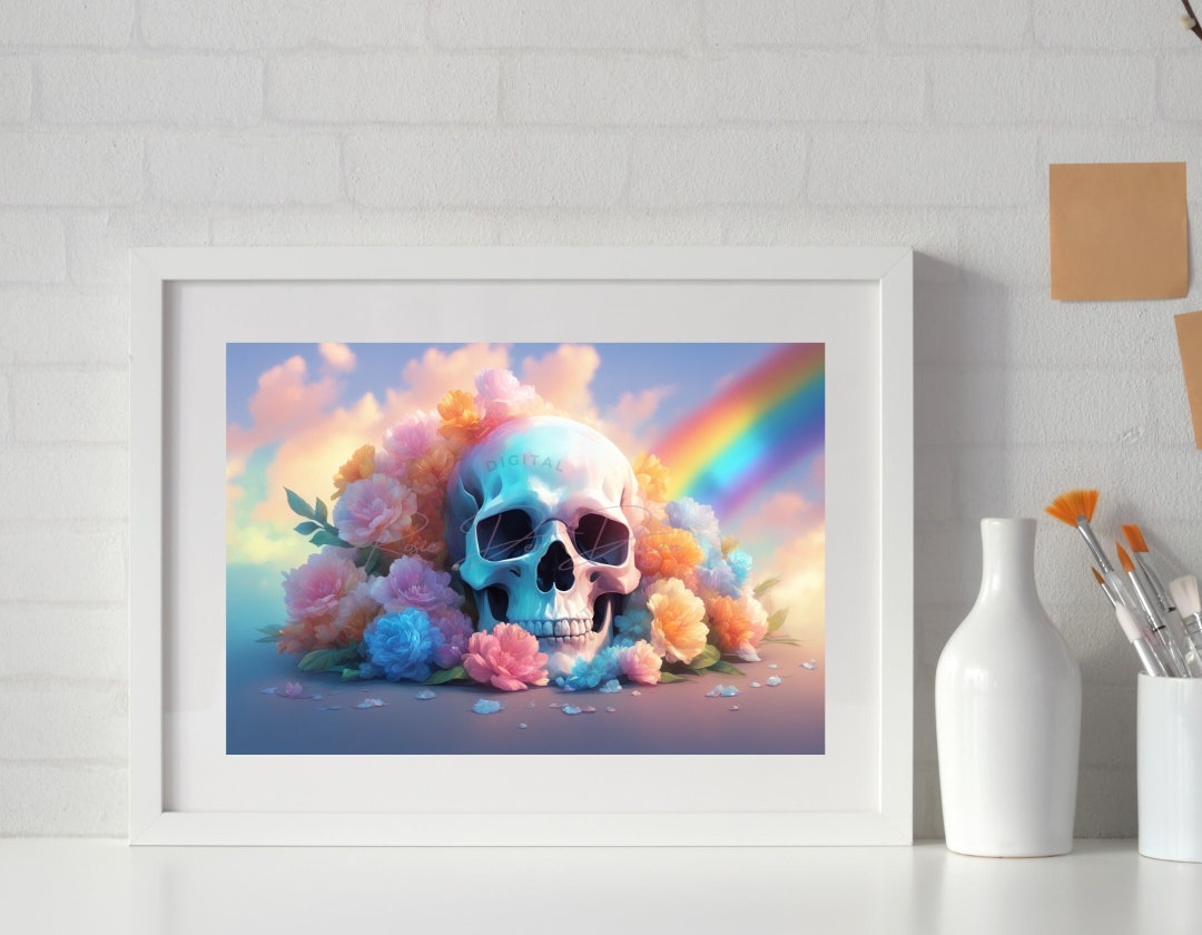 Floral Skull Dreamy Rainbow Goth Emo Girly Colourful Decor Flowers Art ...