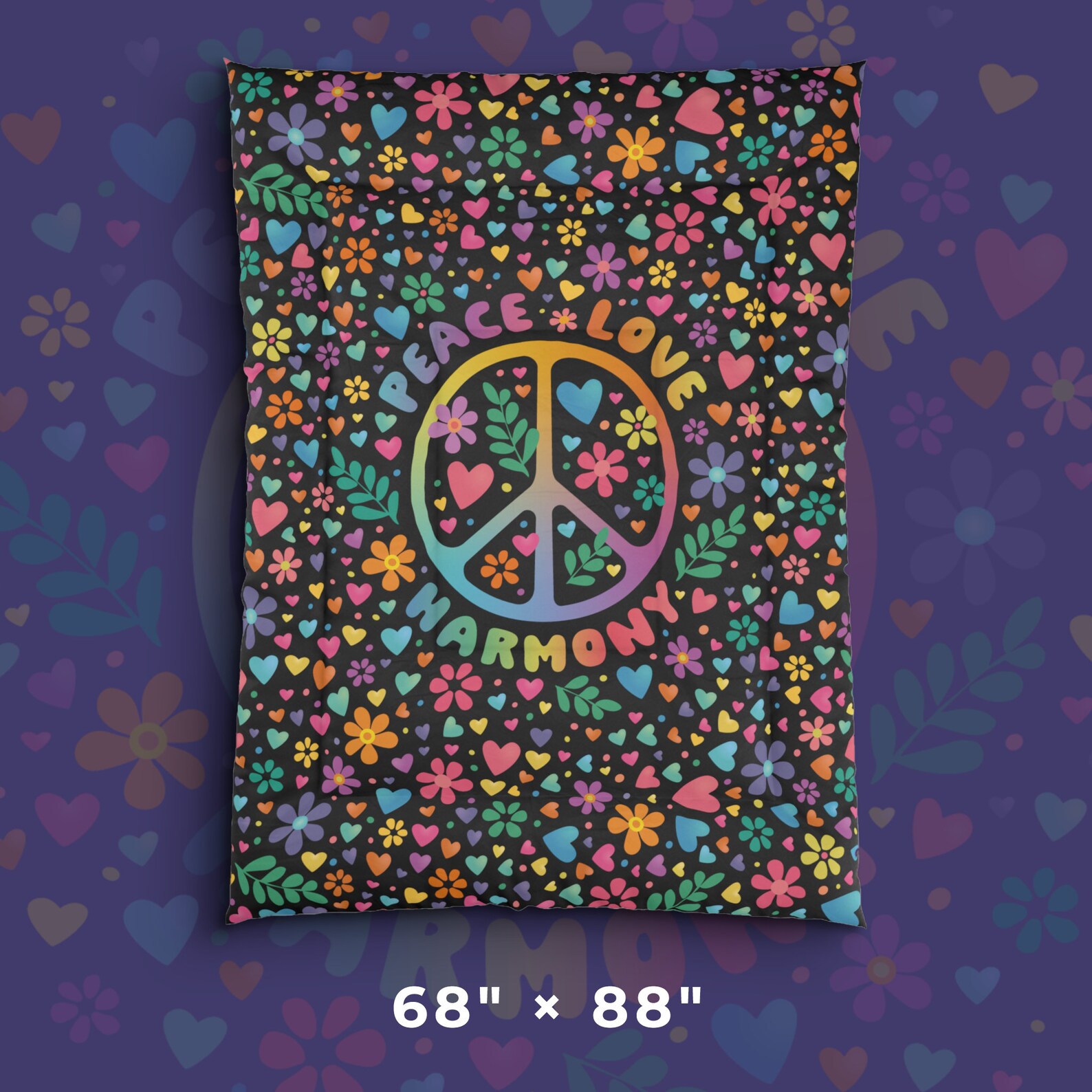 Peace Love Comforter Boho Bedspread Hippie Peace Sign Flower Power ...