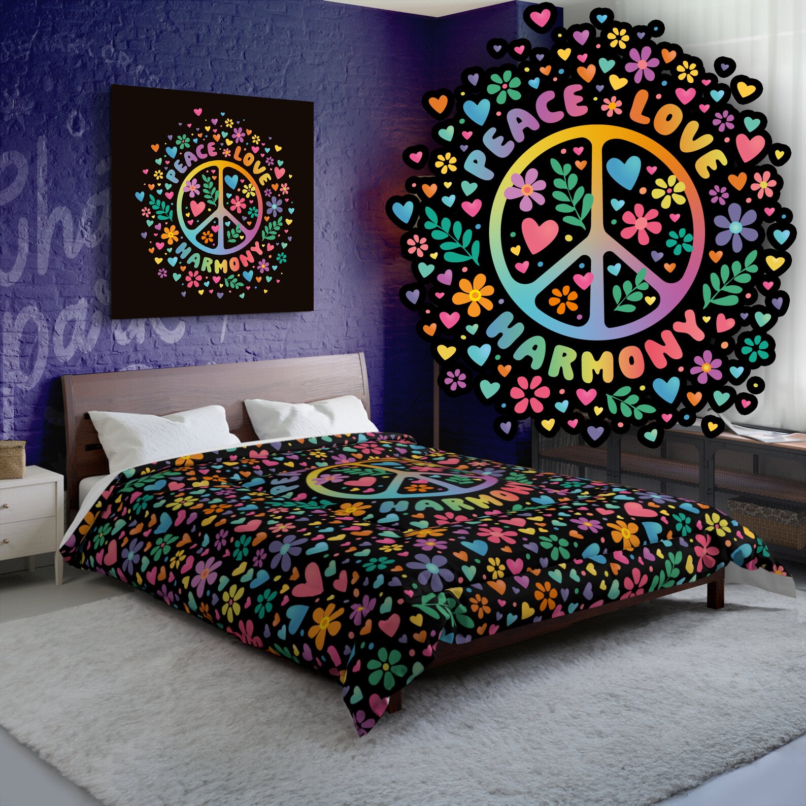 Peace Love Comforter Boho Bedspread Hippie Peace Sign Flower Power ...