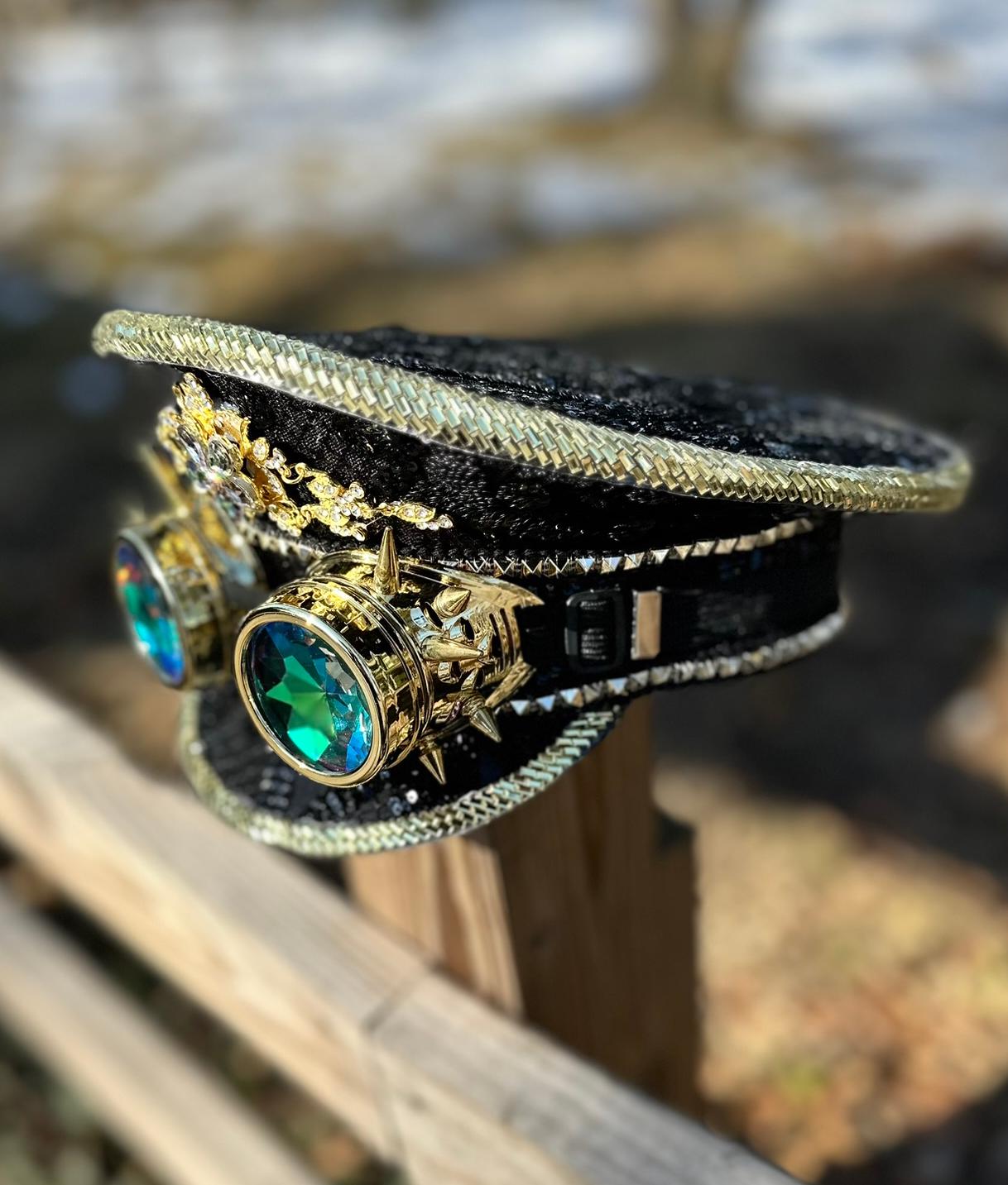 Steampunk Festival Hat: Gold & Black Rave Captain Cap With Spiked ...