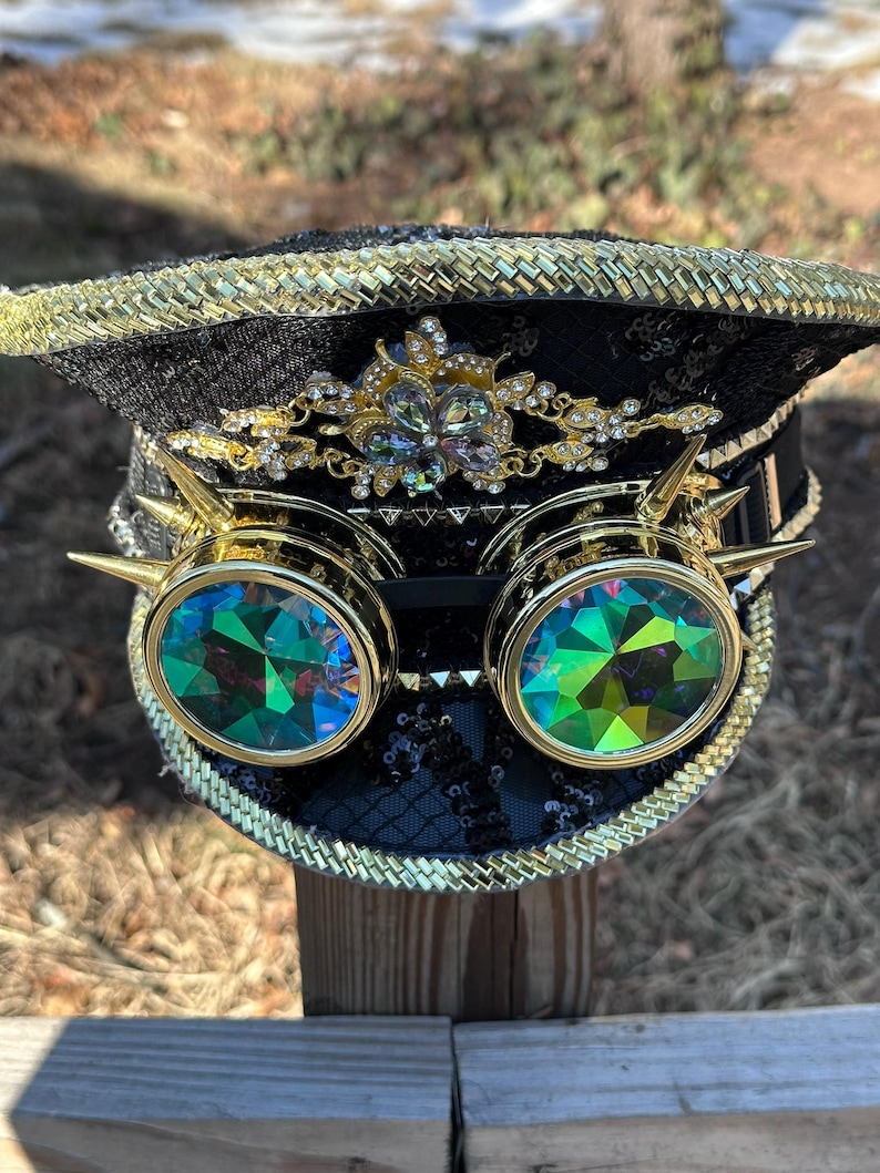 Steampunk Festival Hat: Gold & Black Rave Captain Cap With Spiked ...