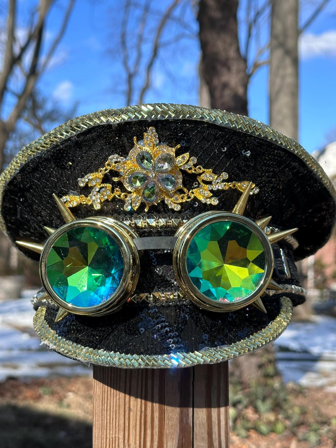 Gold and Black Steampunk Festival Hat With Spiked Goggles – Rave ...