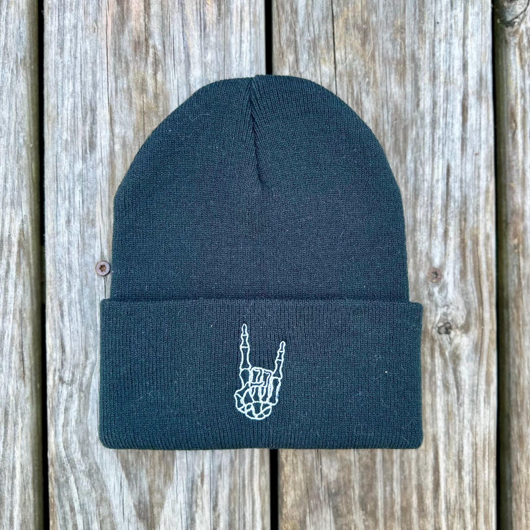 Embroidered Skeleton Hand Beanie: Rock on Unisex Cuffed Hat - Etsy