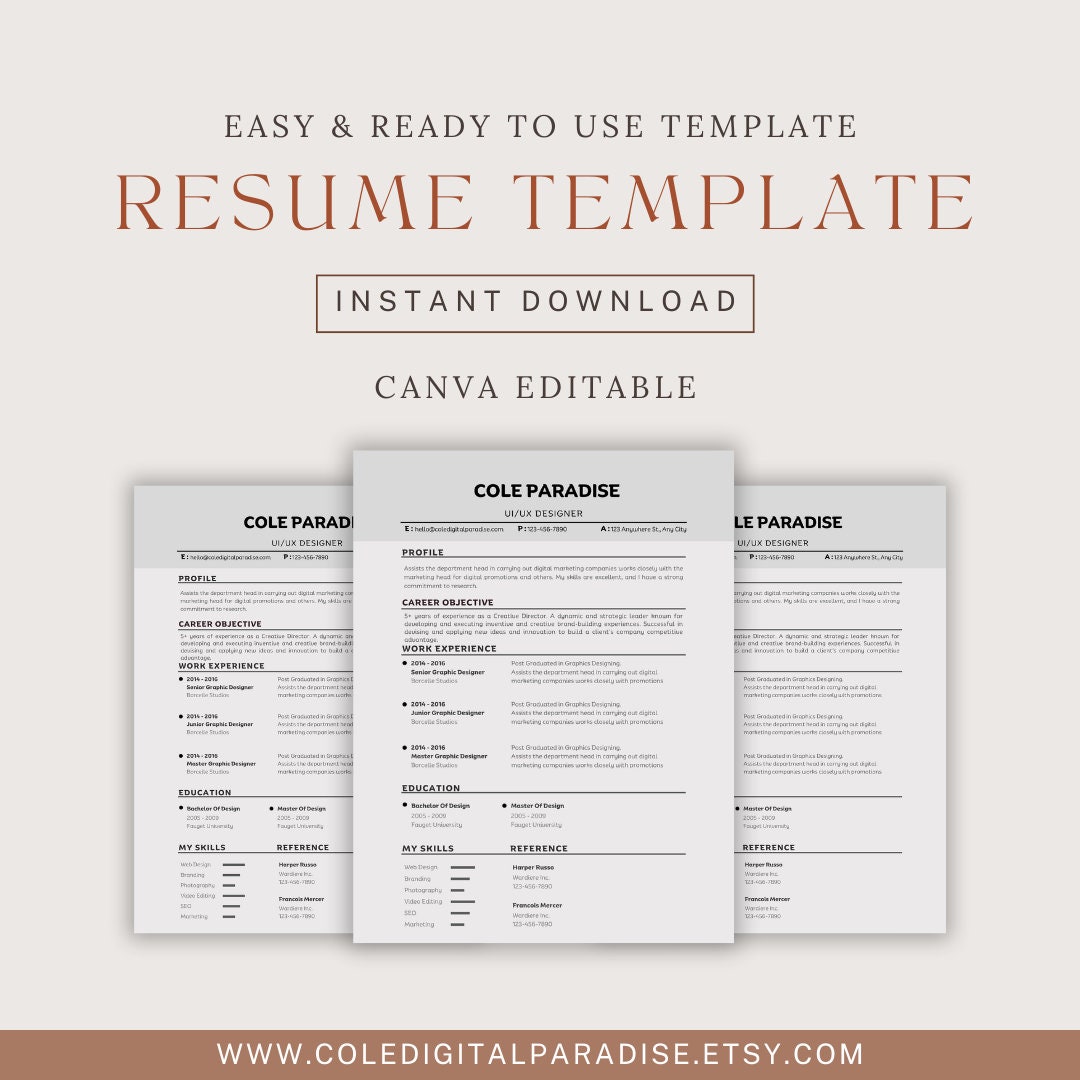 Brown Resume Creative Resume Template Word. CV Template - Etsy
