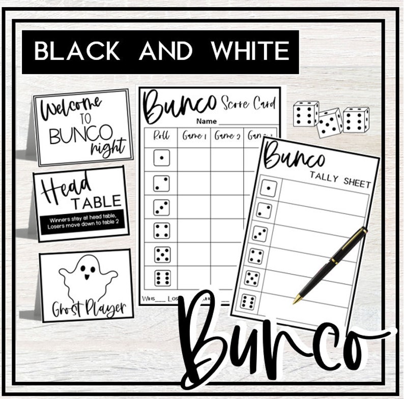 Black & White Bunco, Bunco, Bunco Cards, Bunco Set, Minimal BUNCO, Easy ...