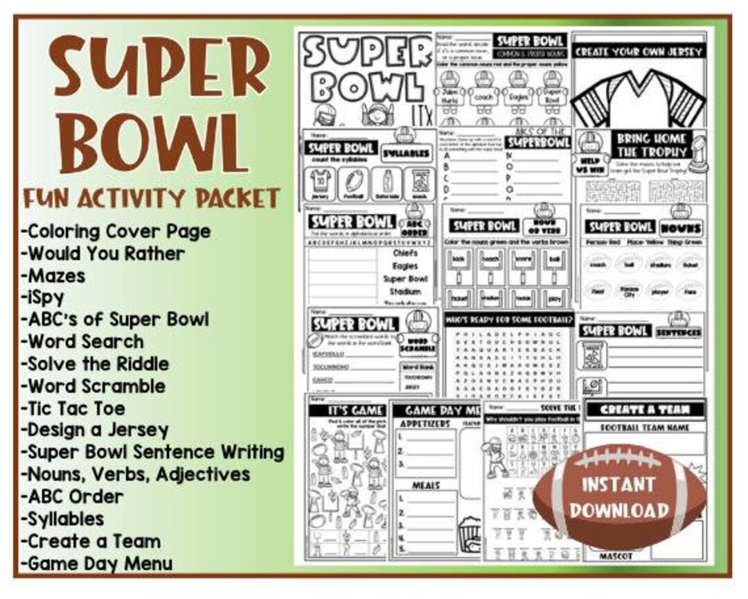 Super Bowl Fun Packet, Super Bowl Kid Activities, Super Bowl Worksheets ...