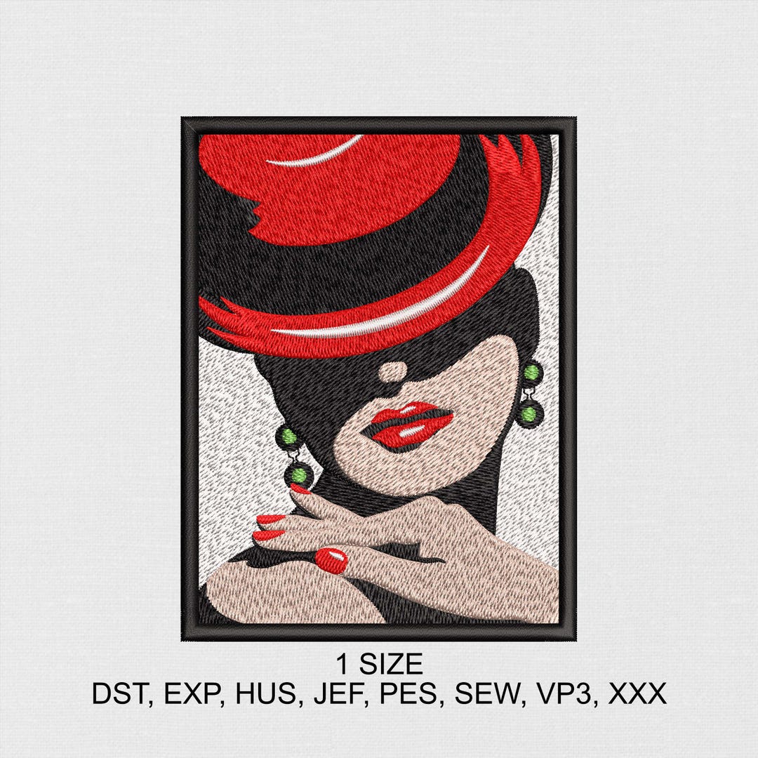 Girl in Red Hat Embroidery Design: Chic Portrait (digital File) - Etsy