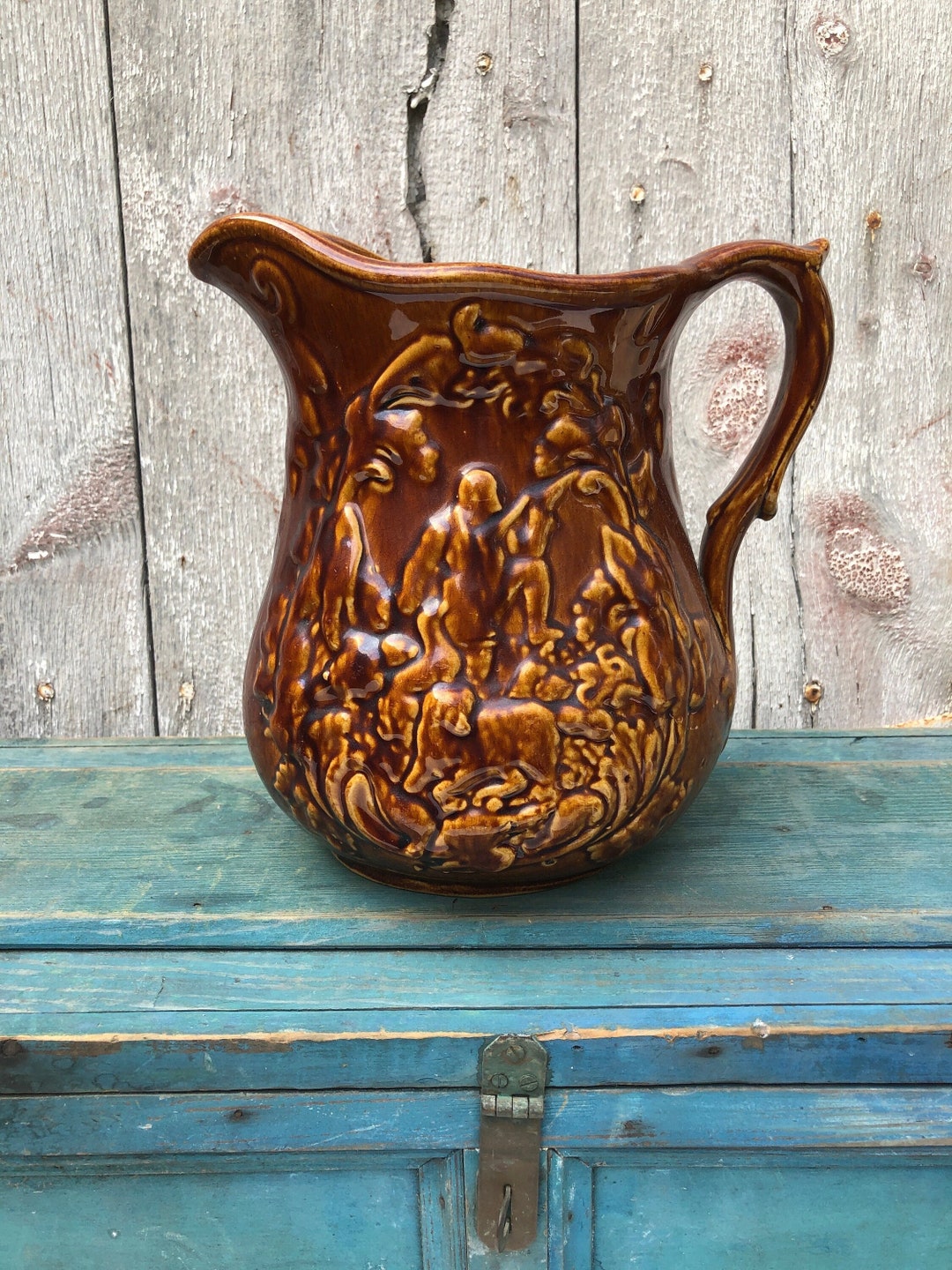 Antique Yellowware Rockingham Bennington Glazed Large Pitcher - Hunter ...