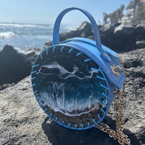 Ocean Design Circle Bag, Genuine Leather Gold Chain Handbag, Round ...