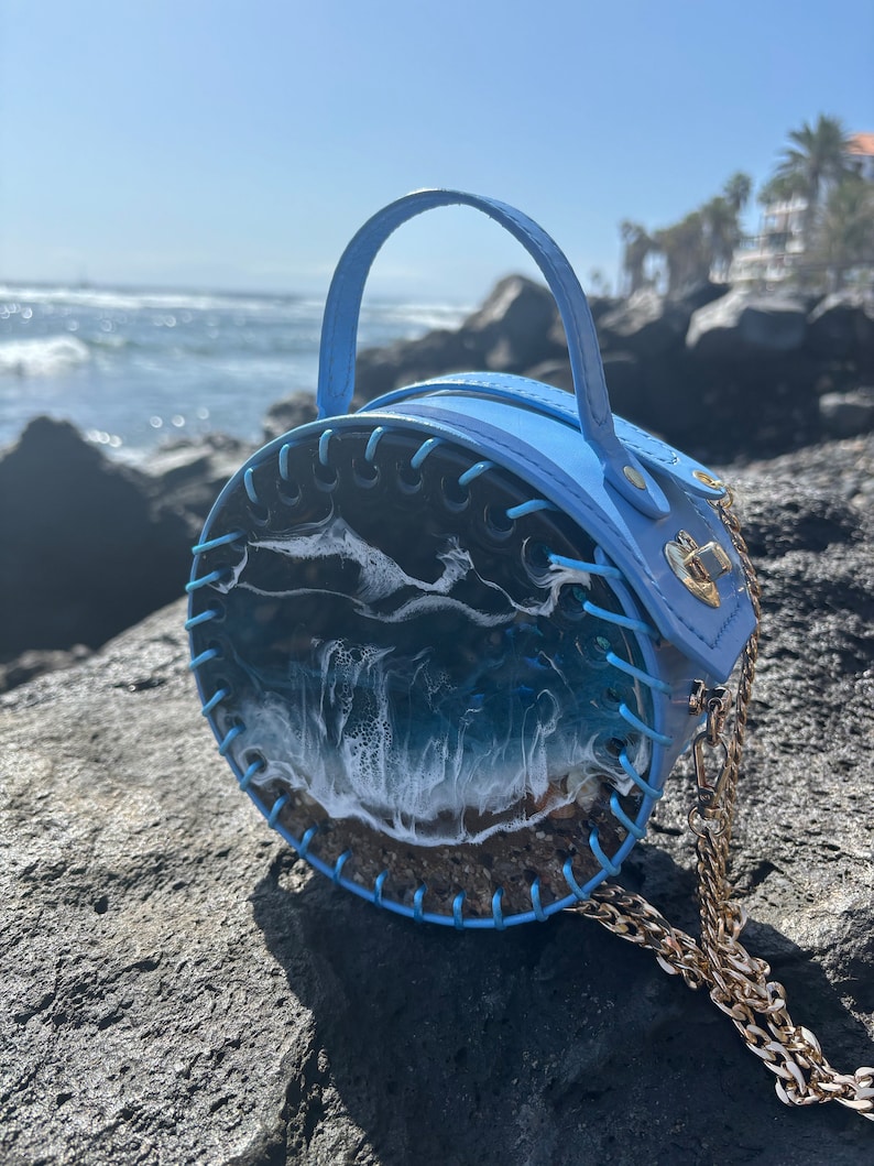 Ocean Design Circle Bag, Genuine Leather Gold Chain Handbag, Round ...