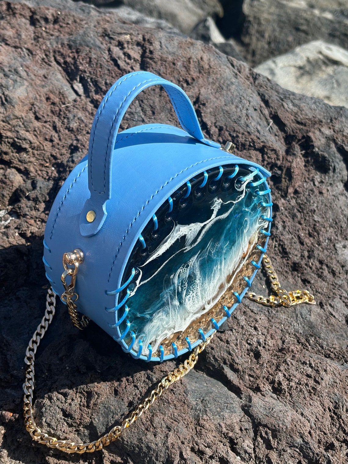 Ocean Design Circle Bag, Genuine Leather Gold Chain Handbag, Round ...