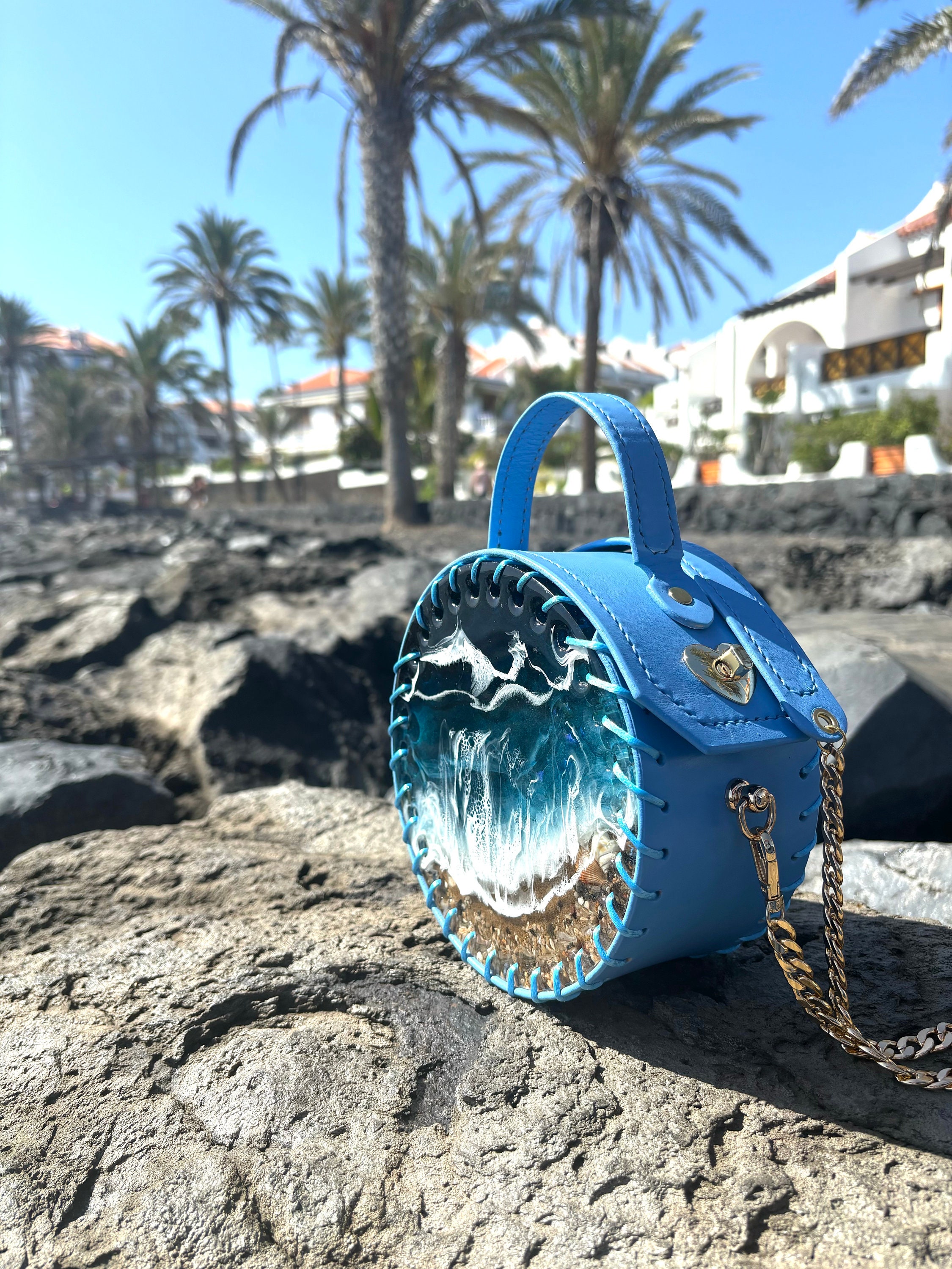 Ocean Design Circle Bag, Genuine Leather Gold Chain Handbag, Round ...