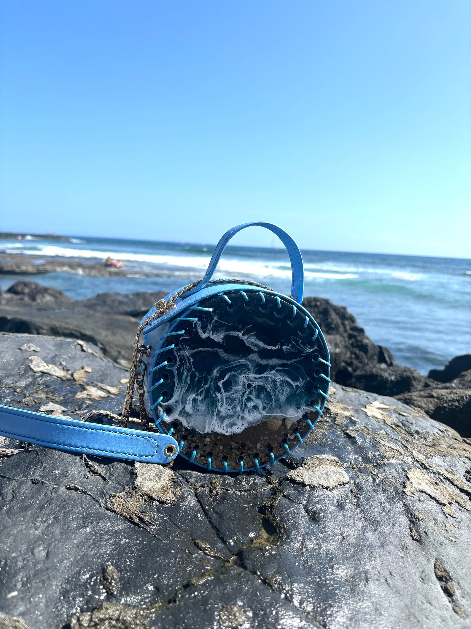 Ocean Design Circle Bag, Genuine Leather Gold Chain Handbag, Round ...