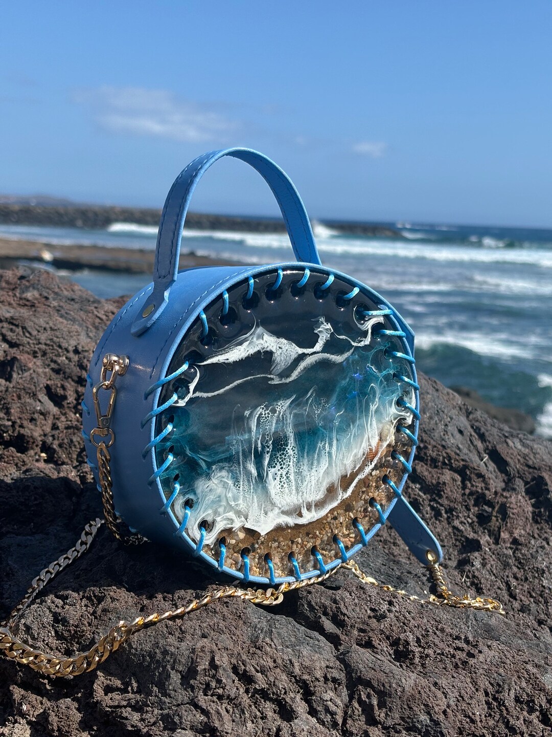 Ocean Design Circle Bag, Genuine Leather Gold Chain Handbag, Round ...