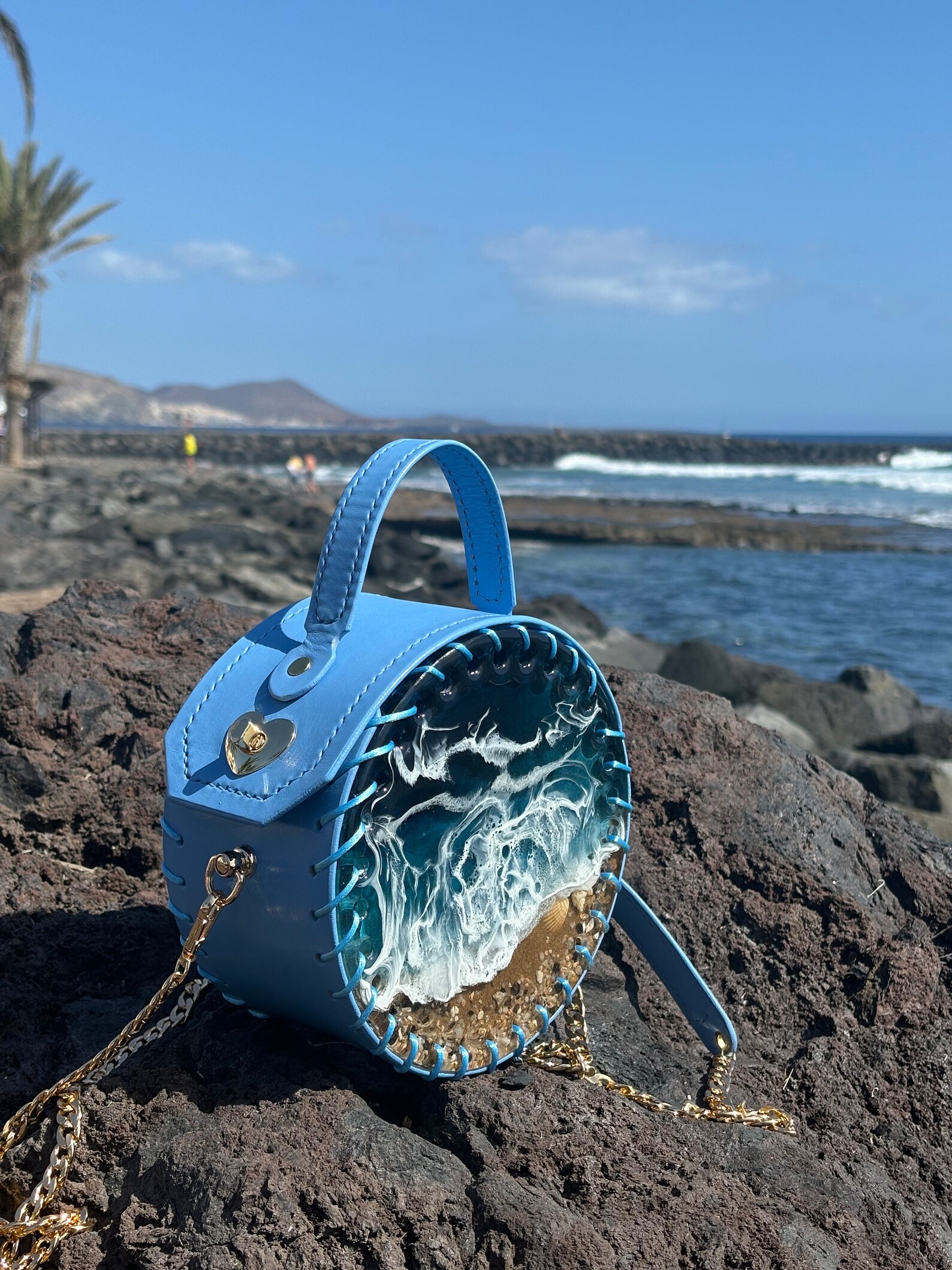 Ocean Design Circle Bag, Genuine Leather Gold Chain Handbag, Round ...