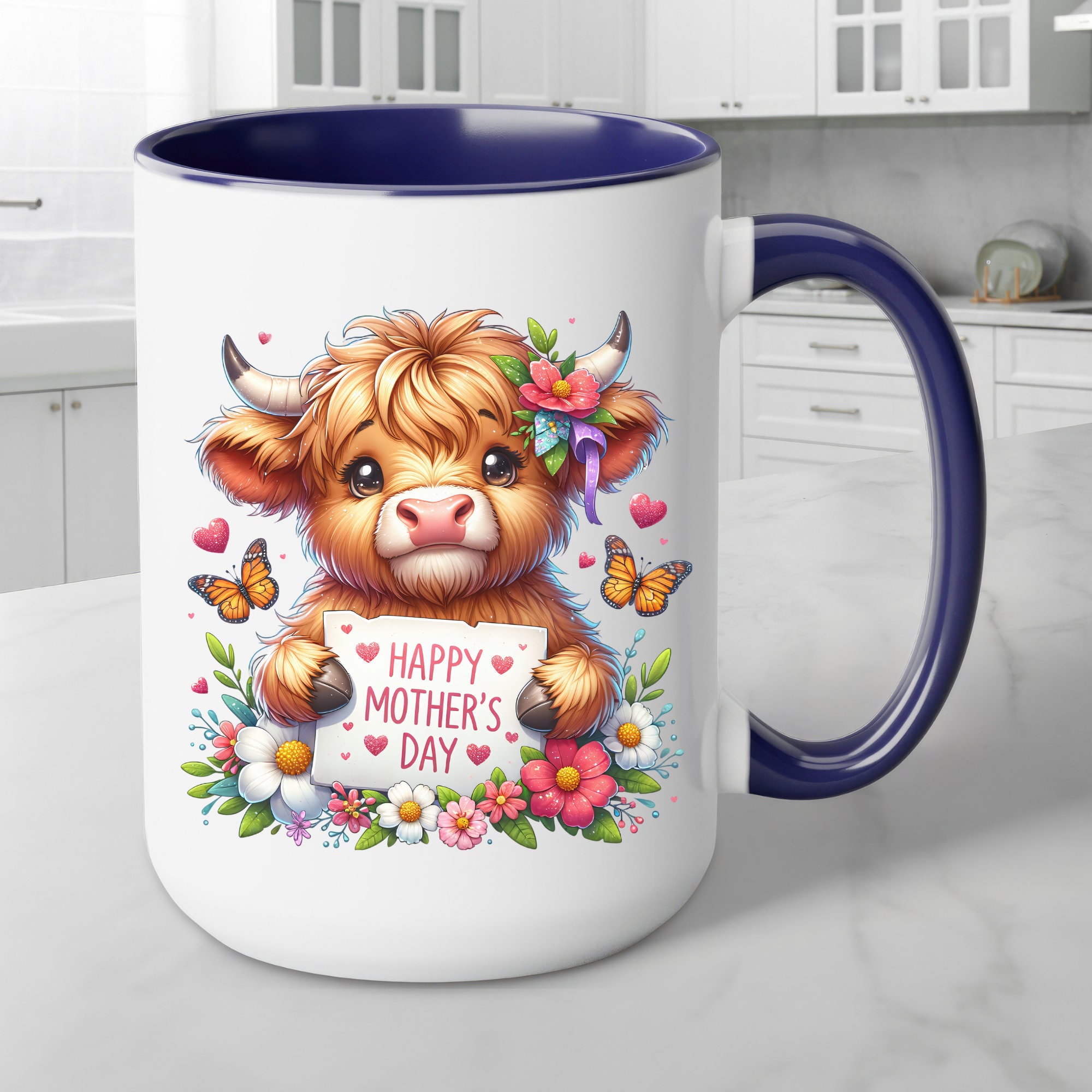 Happy Mother's Day Highland Cow Two-tone Coffee Mugs, 15oz. A Sweet Way ...