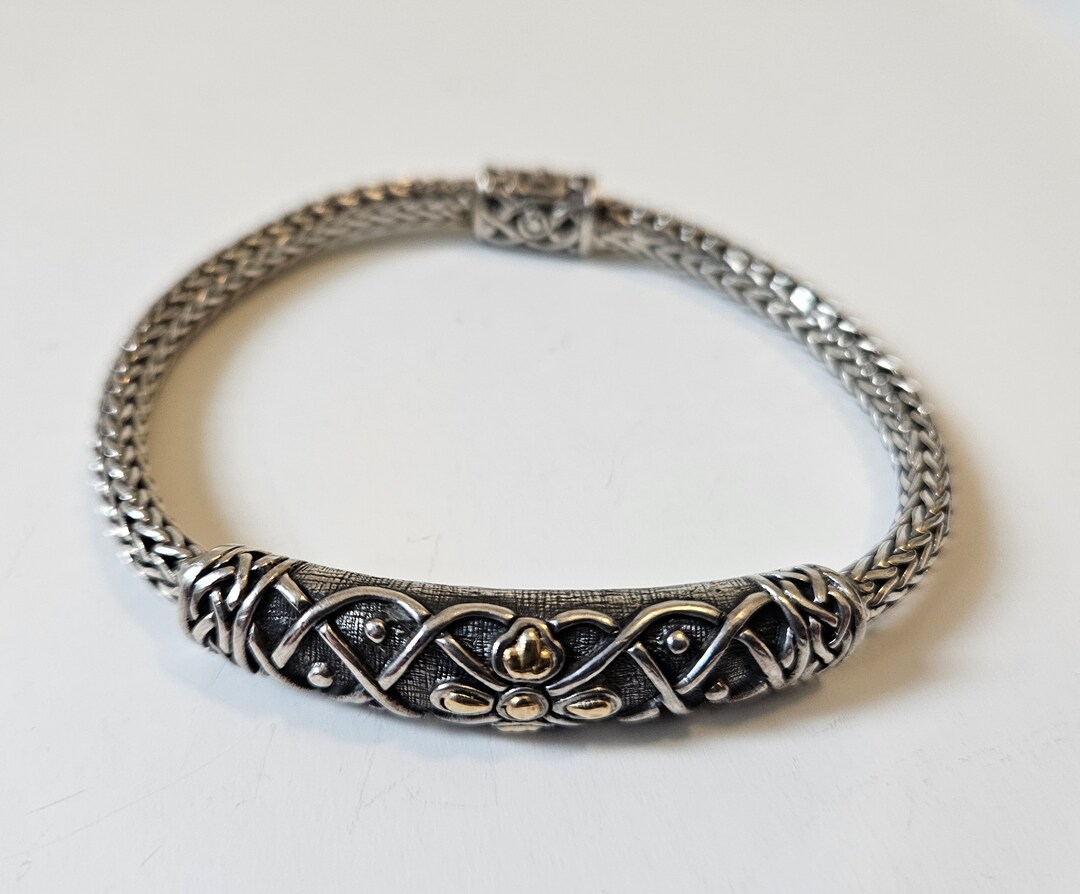 18K Gold Accent Sterling Silver Bracelet Woven Dragon Bone Chain Hand ...