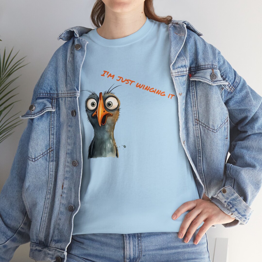 Just Winging It Cartoon Bird Sky Blue Crewneck T-shirt, Confused Bird ...