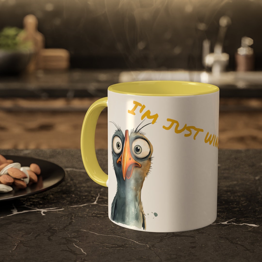 Im Just Winging It Cartoon Bird Yellow Accent Mug, Confused Bird Coffee ...