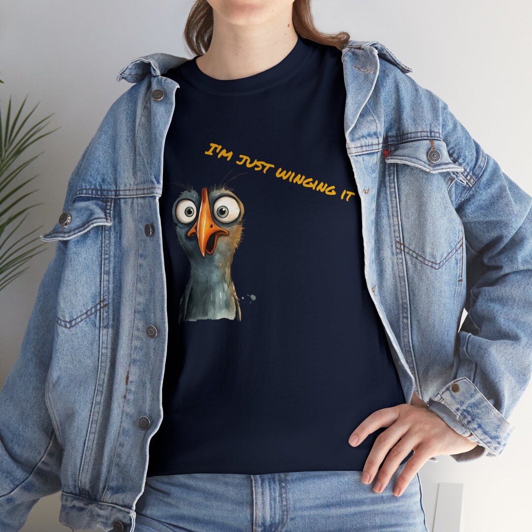 Im Just Winging It Cartoon Bird Navy Blue Crewneck T-shirt, Confused ...