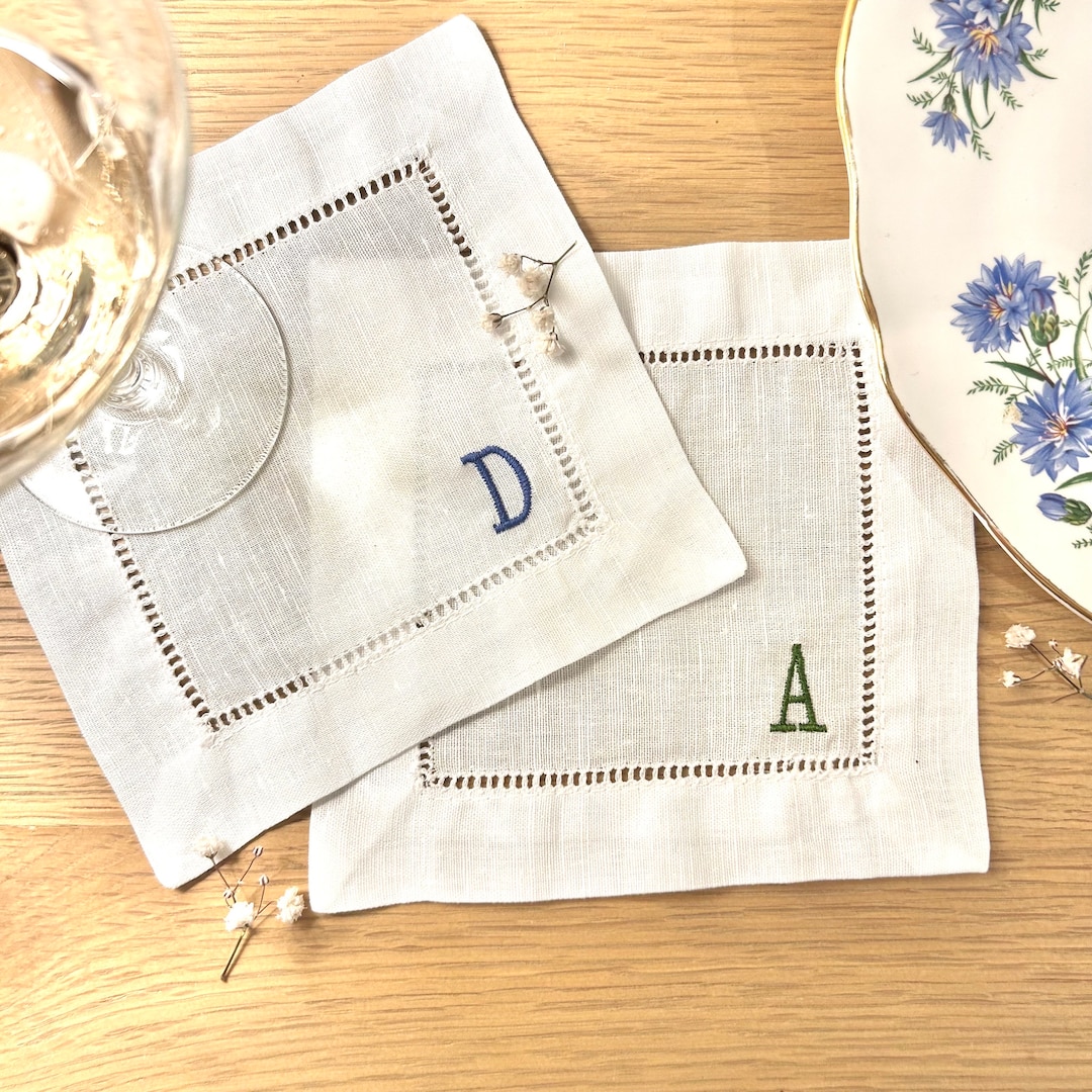 Monogrammed Cocktail Napkin Coaster, Embroidered Linen Napkin Coasters ...