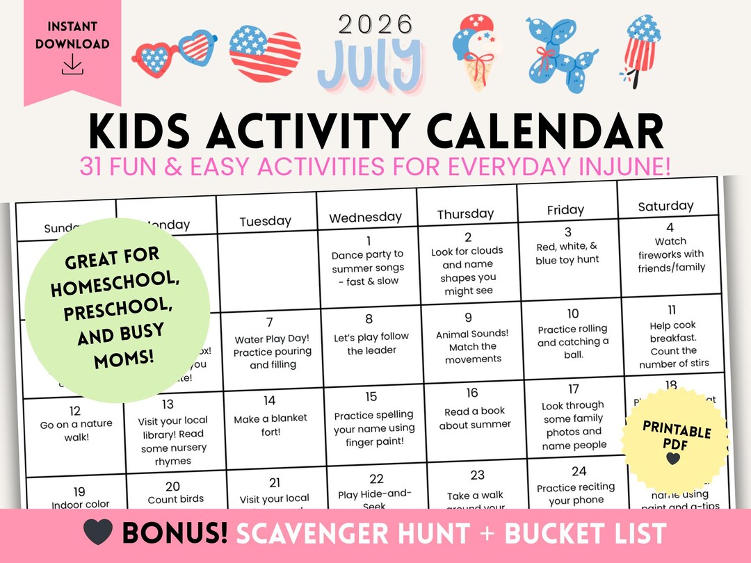 July Kids Activity Calendar | Preschool, Toddler, Homeschool Fun (PDF ...