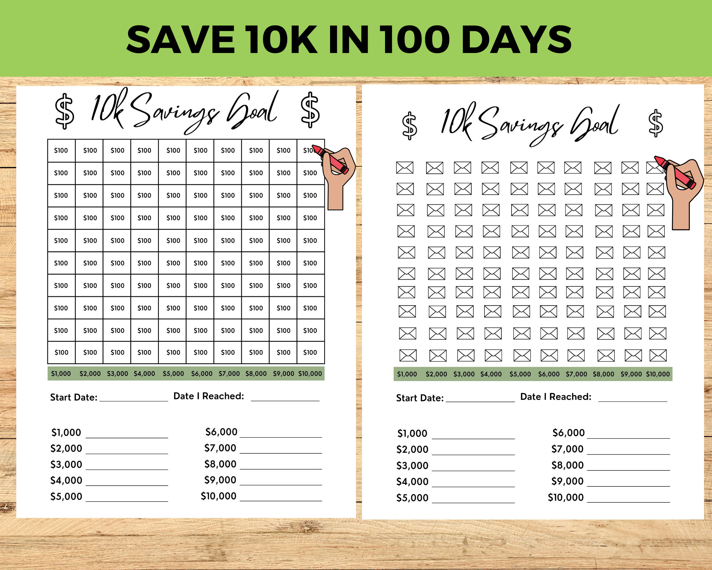 10k Savings Challenge Tracker Printable, 10k in 100 Days, 10k Challenge, 100 Day Money Challenge ...