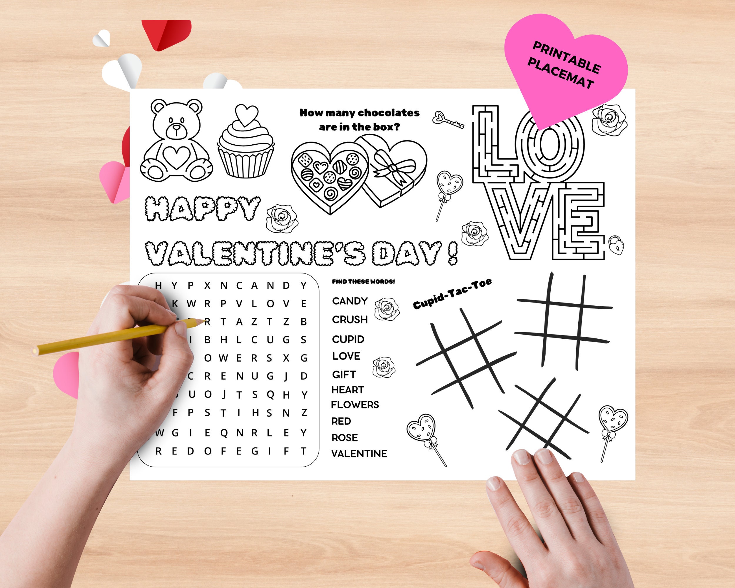 Valentine Activity Coloring, Kids Valentine Placemat Valentine's Day ...